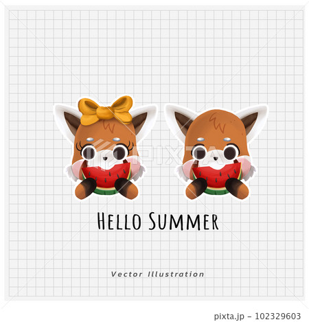 Cute kawaii red panda eating watermelon cartoon...のイラスト素材 [102329603 ...