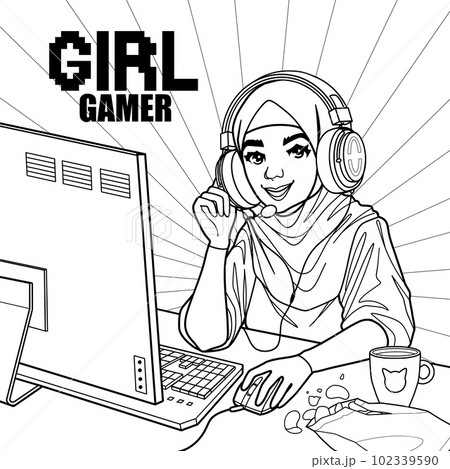 Muslim girl gamer or streamer in a hijab and a...のイラスト素材 [102339590 ...