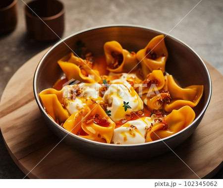 Red Kuri squash and goat's cheese manti, AI...のイラスト素材 [102345062] - PIXTA