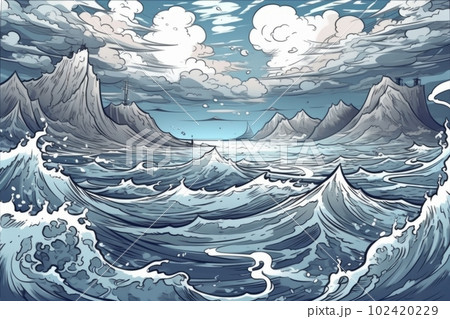 アニメ風の荒れた海と曇った空：AI作品のイラスト素材 [102420229] - PIXTA