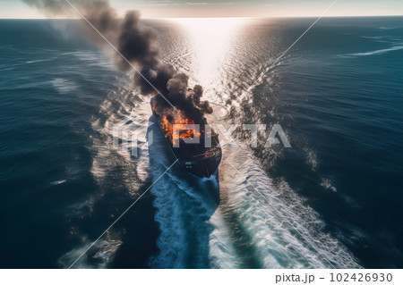 Aerial view of Cargo tanker ship explosion with...のイラスト素材 [102426930 ...