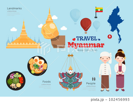 Travel Myanmar flat icons set. burmese element...のイラスト素材 [102456993 ...