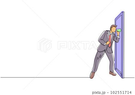 Single one line drawing young man eavesdropping...のイラスト素材 [102551714 ...