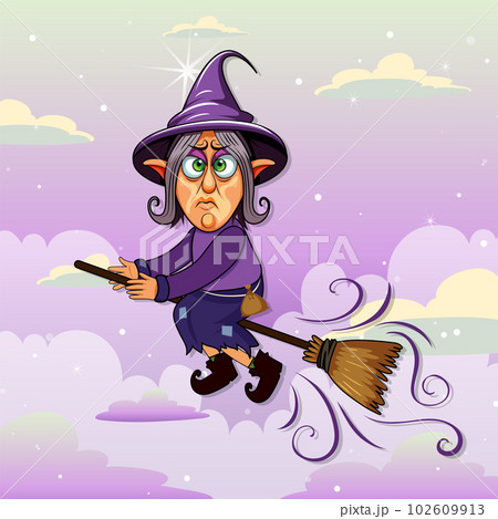 Grumpy witch riding bloom on skyのイラスト素材 [102609913] - PIXTA