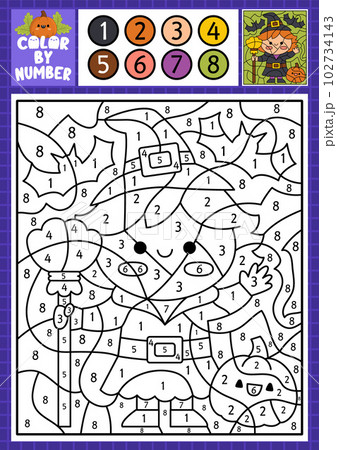 Vector Halloween color by number activity with...のイラスト素材 [102734143 ...