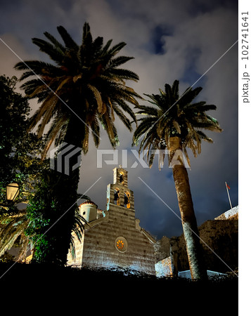 Palm trees grow in front of an old stone church...の写真素材 [102741641] - PIXTA