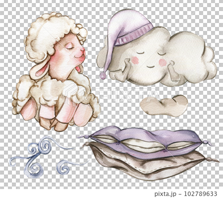 Watercolor hand drawn cute white fluffy sheep,... - Stock Illustration ...