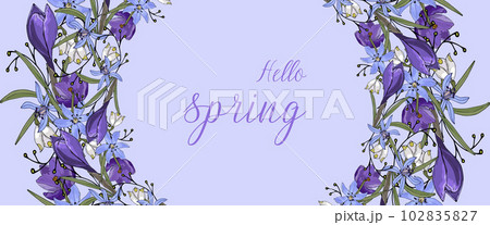 Hello Spring blue banner wreath doodle flowers,...のイラスト素材 [102835827 ...