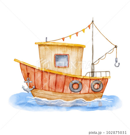 Cute watercolor fishing boat illustration...のイラスト素材 [102875031] - PIXTA