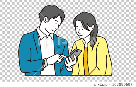 Asian man and woman exchanging contact information - Stock Illustration ...