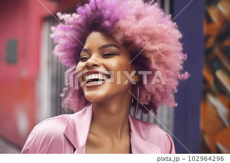 Laughing black woman with pink curly afro hair....のイラスト素材 [102964296 ...
