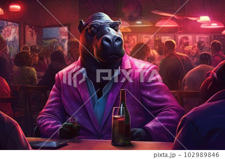 Hippo pink gangster in neon bar illustration...のイラスト素材 [102989846] - PIXTA