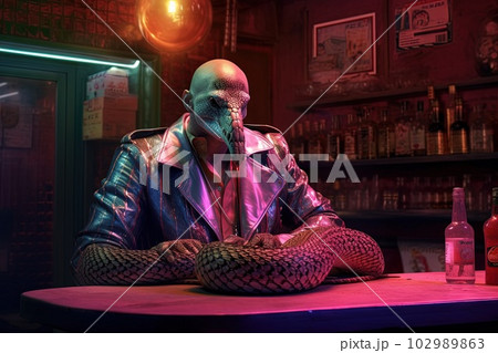 cobra snake pink gangster in neon bar...のイラスト素材 [102989863] - PIXTA