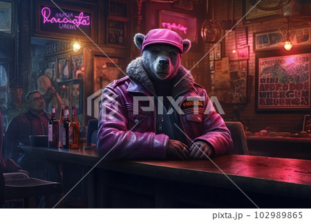 brown bear pink gangster in neon bar...のイラスト素材 [102989865] - PIXTA