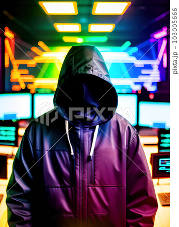 unrecognizable male hacker in dark neon room....のイラスト素材 [103005666] - PIXTA