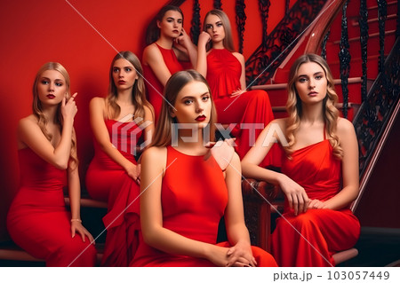 fashion girls models in red dresses. Neural...のイラスト素材 [103057449] - PIXTA