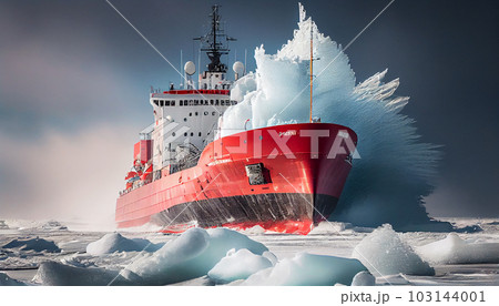 Red icebreaker in the middle of Arctic oceanのイラスト素材 [103144001] - PIXTA