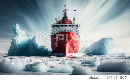 Red icebreaker in the middle of Arctic oceanのイラスト素材 [103144007] - PIXTA