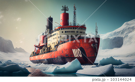 Red icebreaker in the middle of Arctic oceanのイラスト素材 [103144024] - PIXTA