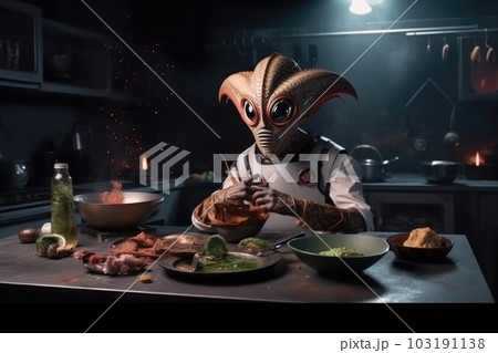 alien chef, preparing traditional earth cuisine...のイラスト素材 [103191138 ...