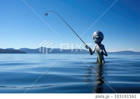 alien with fishing rod, casting its line into...のイラスト素材 [103191562] - PIXTA