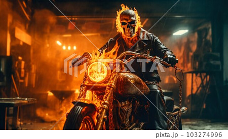 Ghost Rider with Flaming Motorcycle. Generative aiのイラスト素材 [103274996 ...