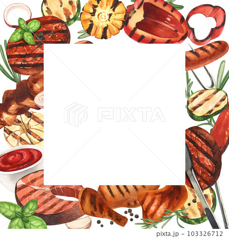 Watercolor frame barbecue. Elements for cooking...のイラスト素材 [103326712 ...
