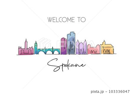 Single continuous line drawing of Spokane city...のイラスト素材 [103336047 ...