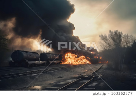 Train derailed exploding with fire and smoke....のイラスト素材 [103362577] - PIXTA