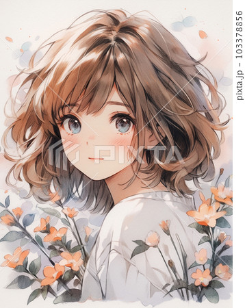 オレンジ色の花と栗毛の可愛い女の子のイラスト素材 [103378856] - PIXTA