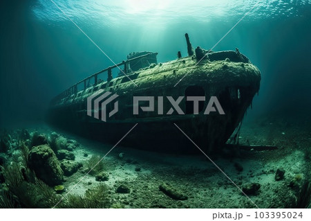 A sunken ship under water is covered with rust...のイラスト素材 [103395024] - PIXTA