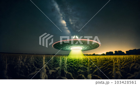 UFO saucer hovering over corn field at starry...のイラスト素材 [103428561] - PIXTA