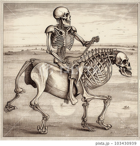 Human skeleton rides a horse, drawing, vintage...のイラスト素材 [103430939 ...