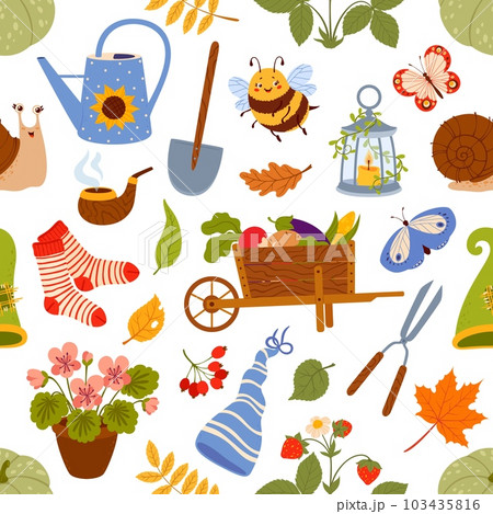 Autumn nature, farm tools and harvest seamless...のイラスト素材 [103435816 ...