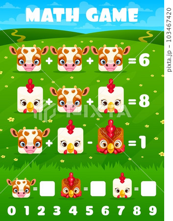Rooster, hen and cow square animal faces. Math...のイラスト素材 [103467420 ...