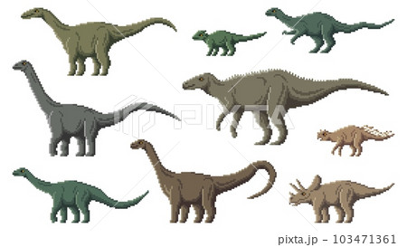 Pixel dinosaur characters. 8 bit pixel art game...のイラスト素材 [103471361 ...