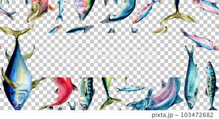 Frame of various fresh sea fish watercolor... - Stock Illustration ...