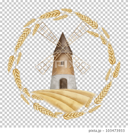 Watercolor windmill tower on wheat field in... - Stock Illustration ...