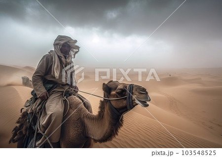 A tourist rides a camel during a sandstorm in...のイラスト素材 [103548525] - PIXTA
