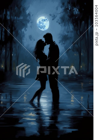 Kissang couple in the moonlight spotlightのイラスト素材 [103564004] - PIXTA