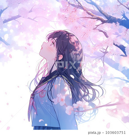 桜の木の下で口を開けて上を見つめる女子学生 | Generative AIのイラスト素材 [103603751] - PIXTA