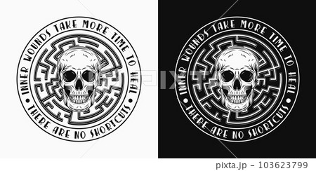 Label with human skull, labyrinth, text.のイラスト素材 [103623799] - PIXTA