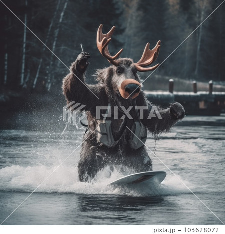 A moose is riding a surfboard in the water....のイラスト素材 [103628072] - PIXTA