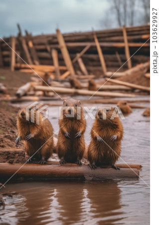 Three beavers are sitting on a log in the...のイラスト素材 [103629927] - PIXTA