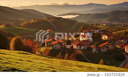 Hills of asturias in October, village houses...のイラスト素材 [103725920] - PIXTA