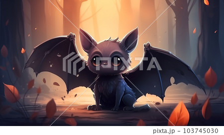 Cute cartoon bat in the magic forest with...のイラスト素材 [103745030] - PIXTA
