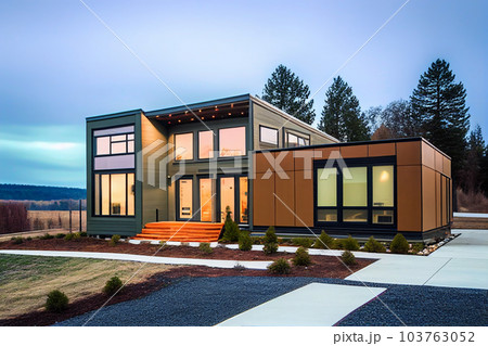 Prefab house on sunset. Modern Suburban Modular...のイラスト素材 [103763052 ...