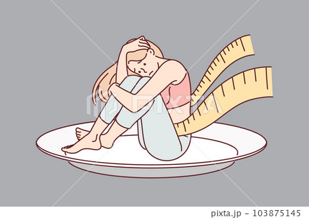 Woman with anorexia or dystrophy sits on giant...のイラスト素材 [103875145 ...