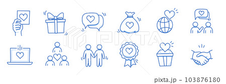 Charity hand, trust community doodle line icon....のイラスト素材 [103876180 ...