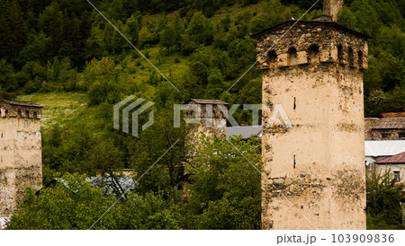 Svaneti. Svan towers in Mestia Svaneti region...の写真素材 [103909836] - PIXTA
